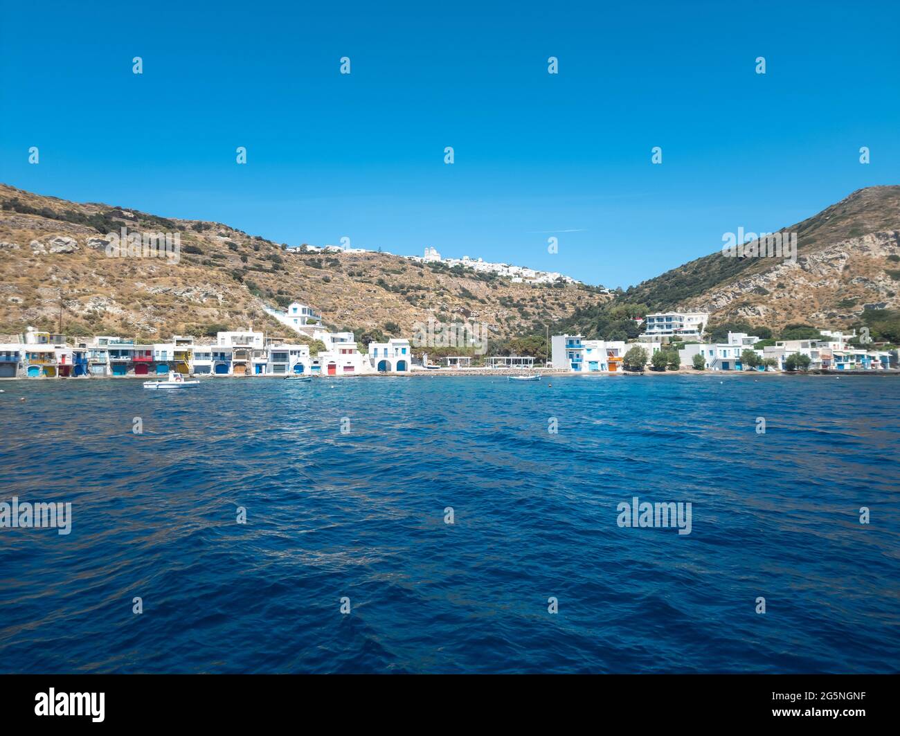 The harbor of the village of Klima on Milos island in Greece Stock ...
