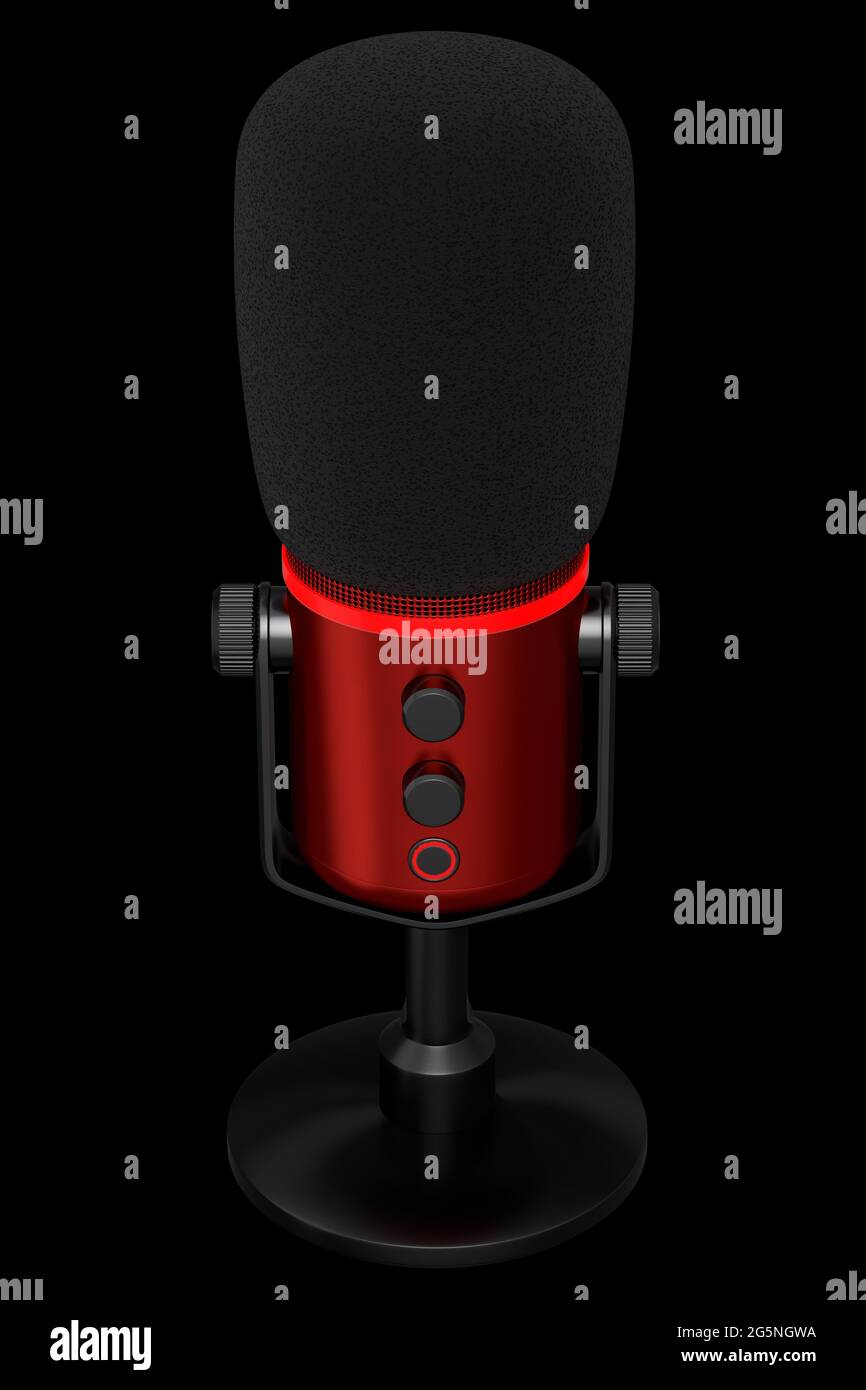 3D rendering of red studio condenser microphone isolated on black ...