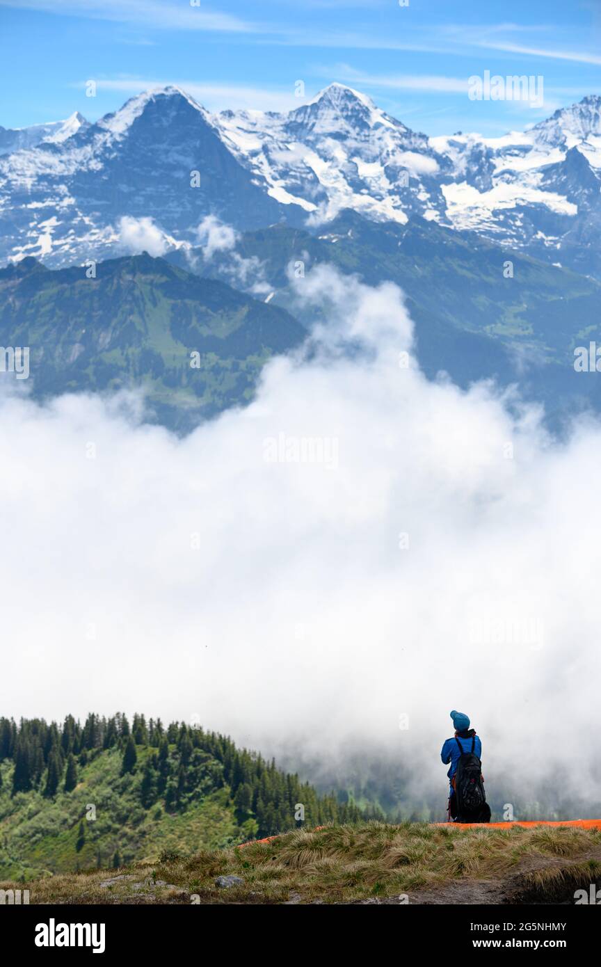 starting paragliding flyer in the Bernese Alps in front of Eiger Mönch ...
