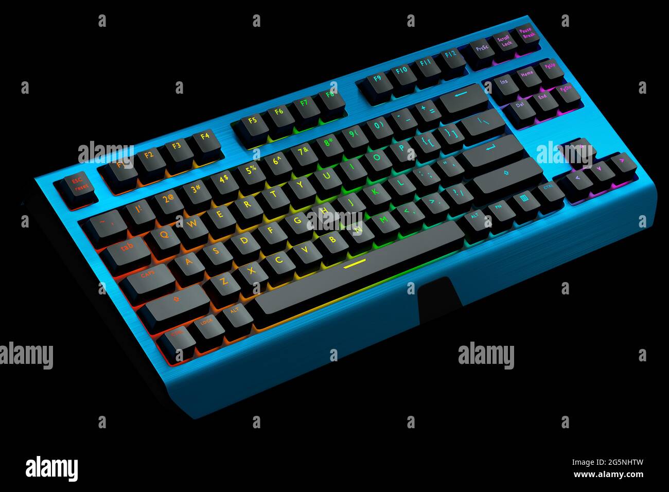 Blue computer keyboard with rgb colors isolated on black background ...