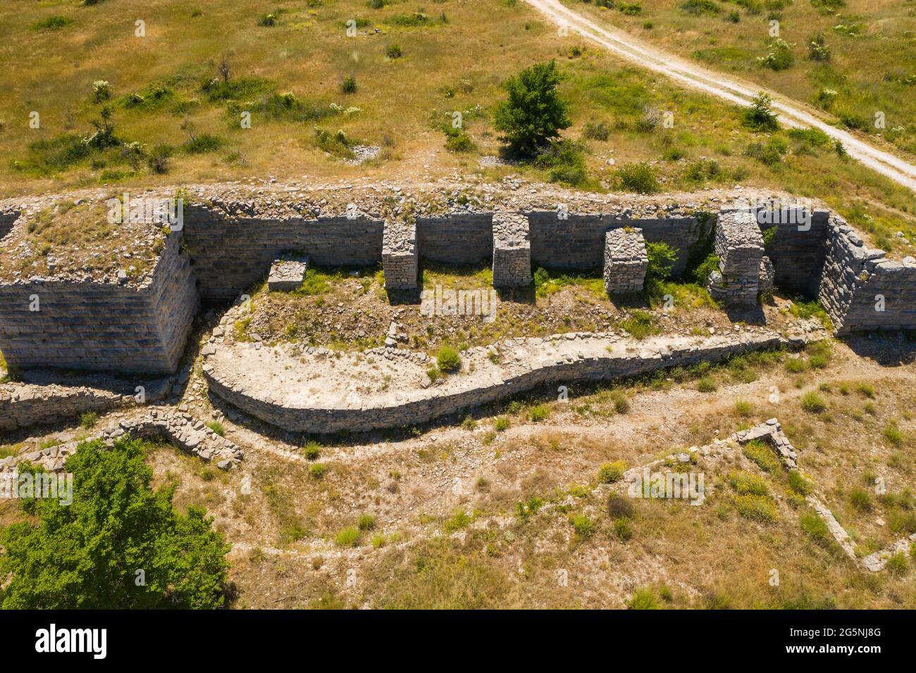 Stone ruins of ancient town of Asseria in Dalmatia, Croatia. Aerial ...