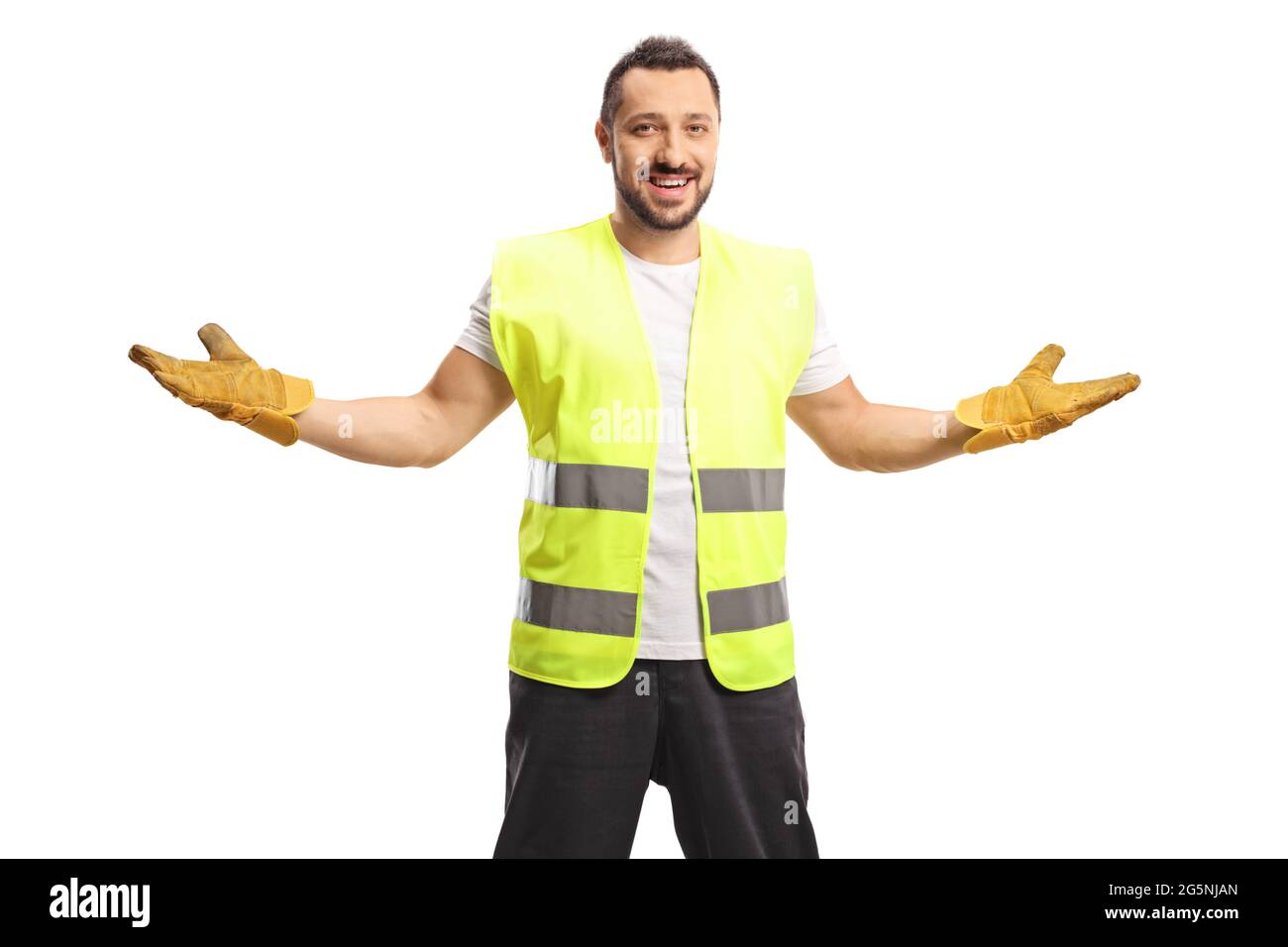Waste collector smiling and gesturing with hands isolated on white ...