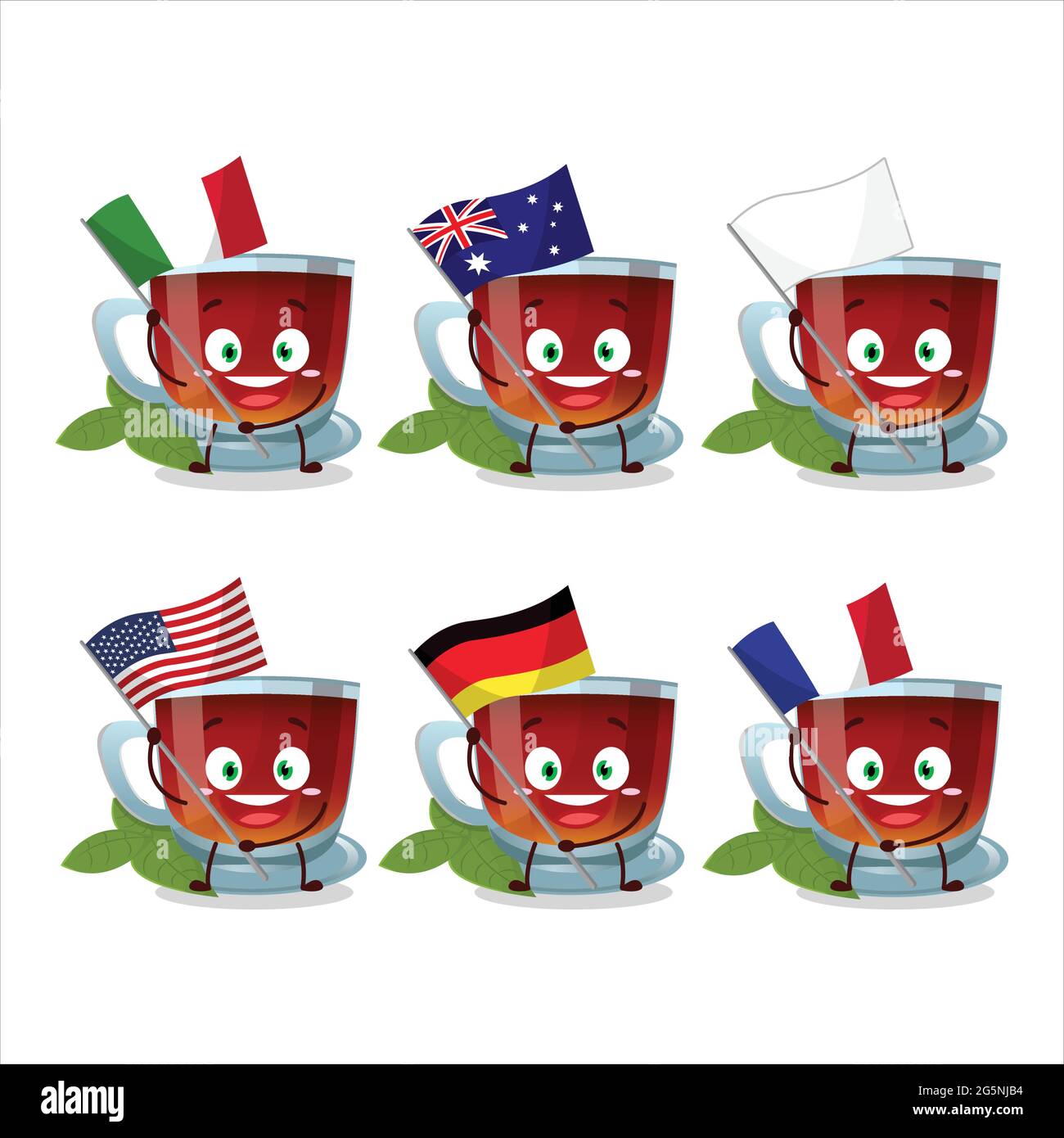 Mint tea cartoon character bring the flags of various countries. Vector ...