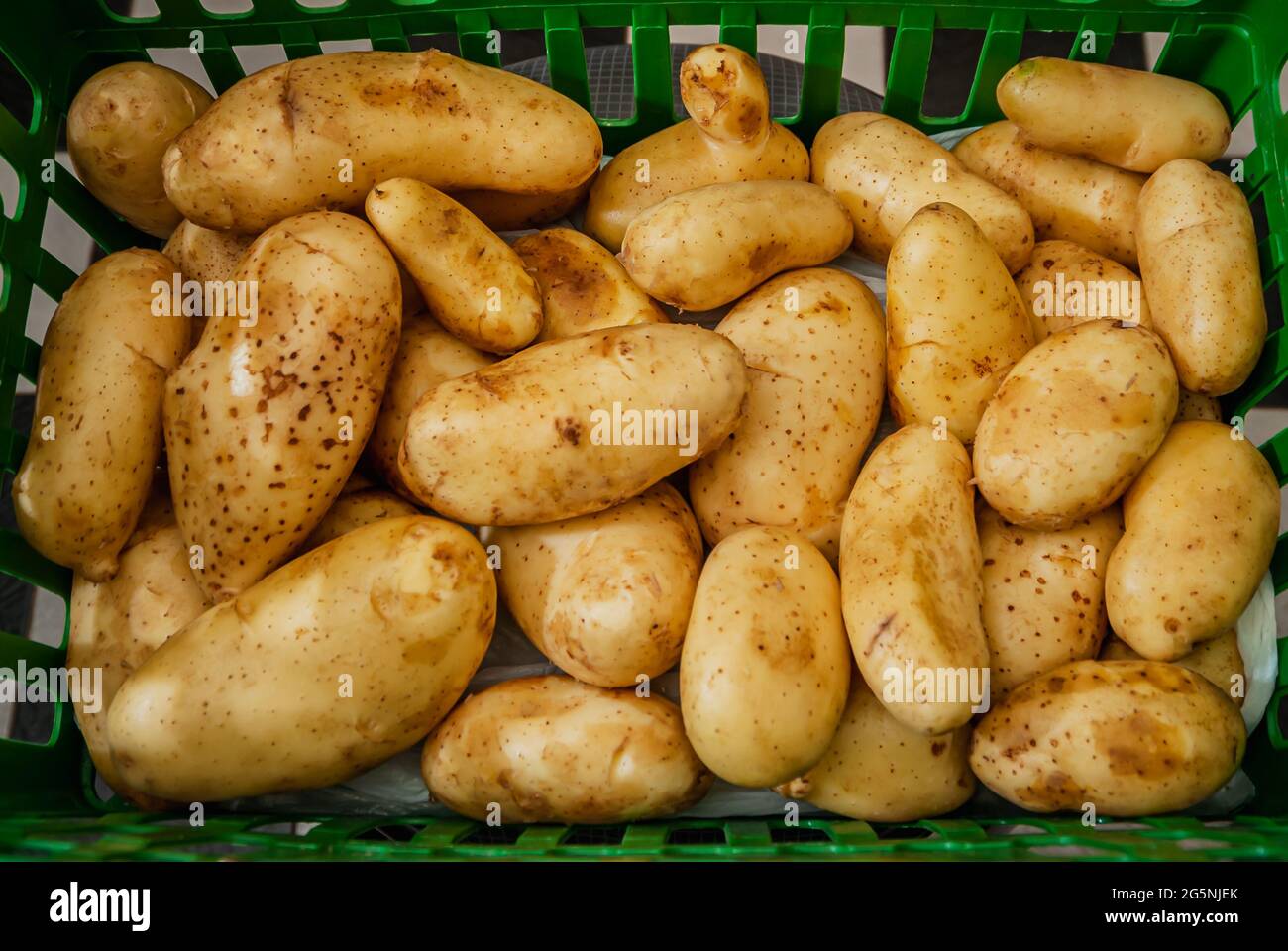 Pile of fresh Raw organic potatoes on green market basket. Farm fresh ...