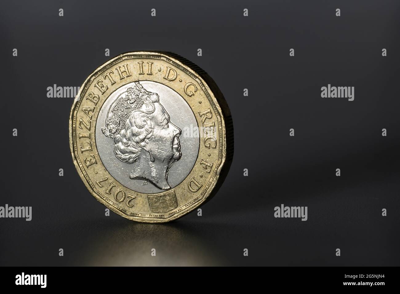 British one pound coin macro photo with copy space. Dark background ...