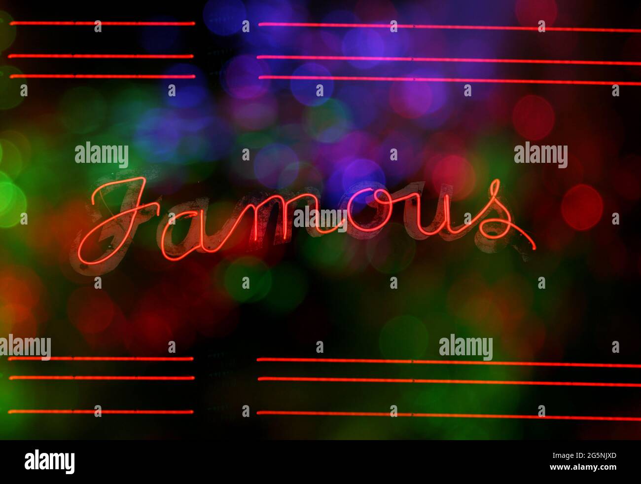 Neon Famous Sign Photograph With Bokeh Overlay Stock Photo - Alamy