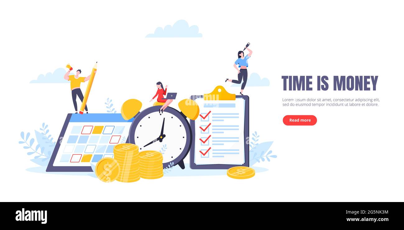 Time is money or saving money business concept. Tiny people working ...