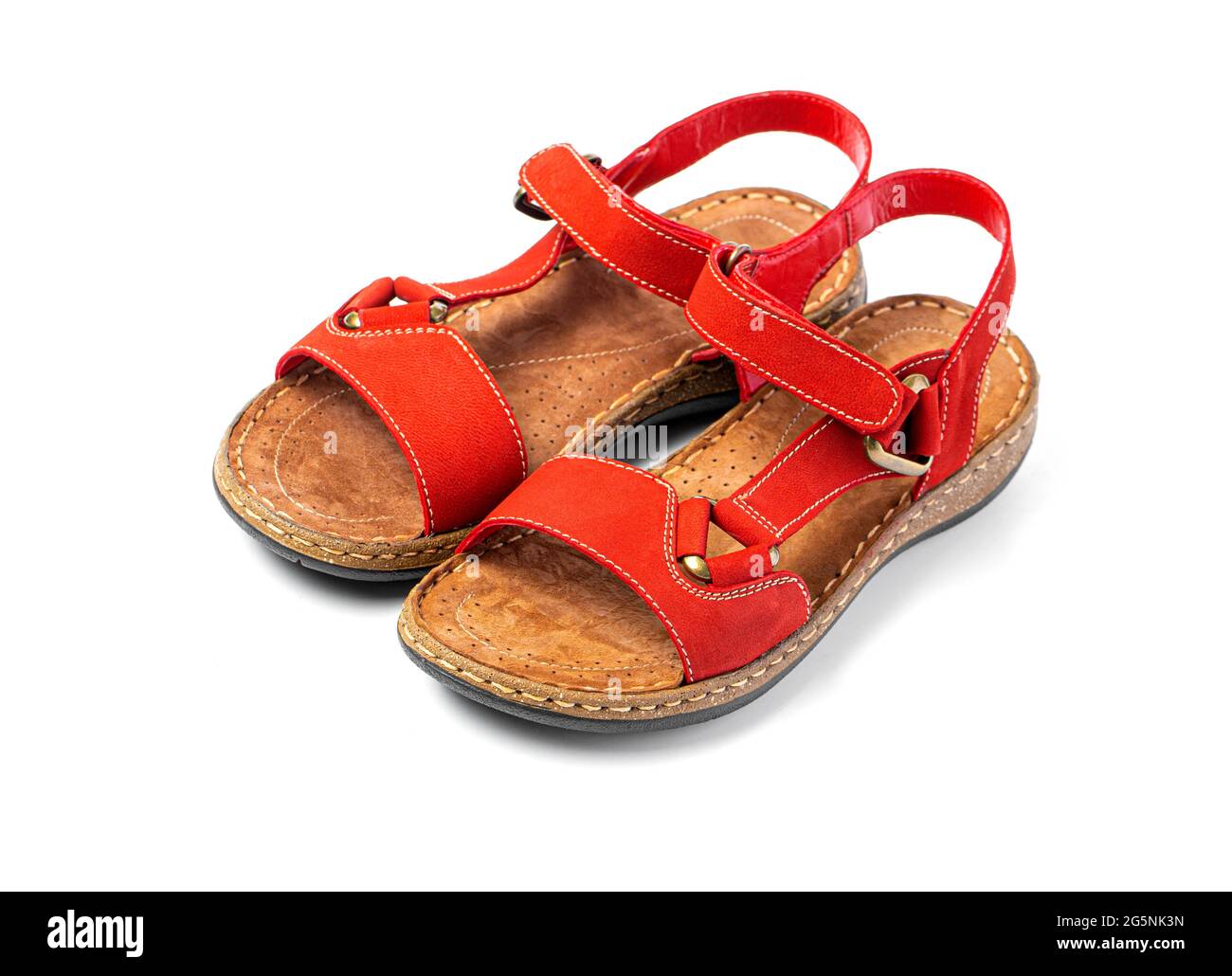Red leather summer sandal isolated on white background Stock Photo - Alamy