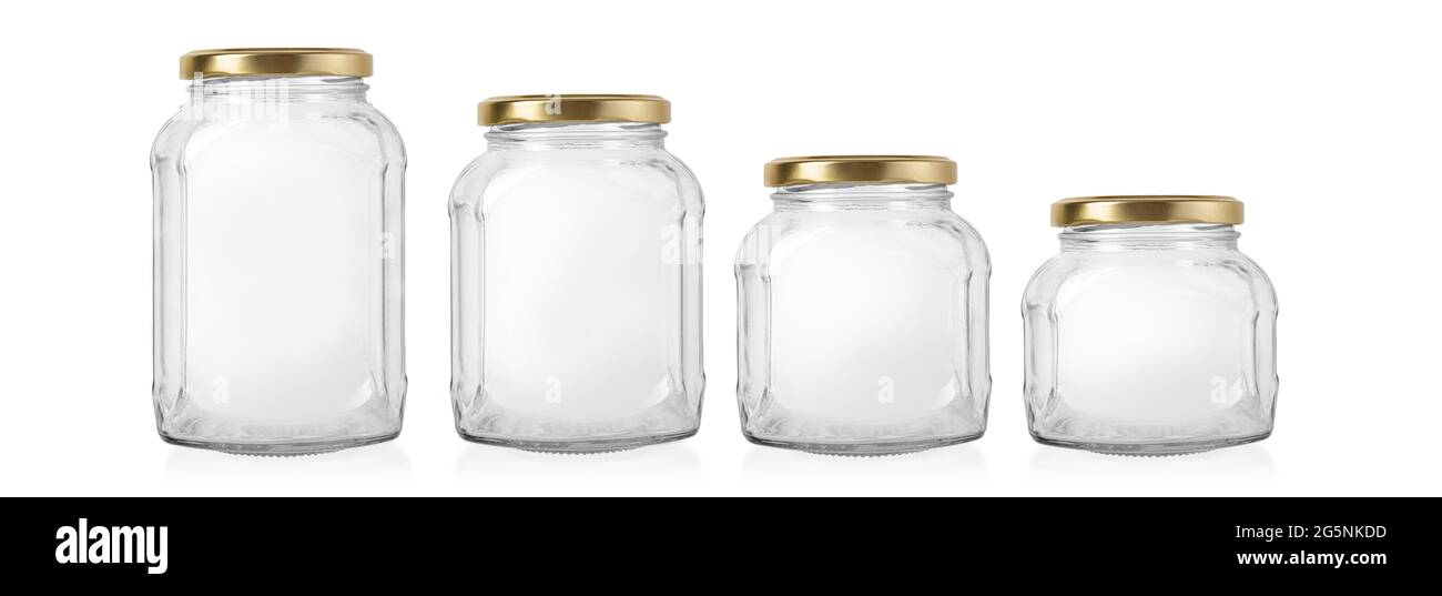 four glass jars isolated on white background Stock Photo - Alamy