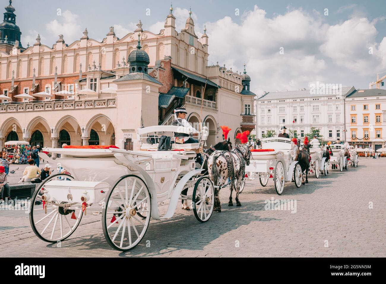 Krakow, Poland. Horses In Old-fashioned Coach Carriage Near Cloth Hall ...