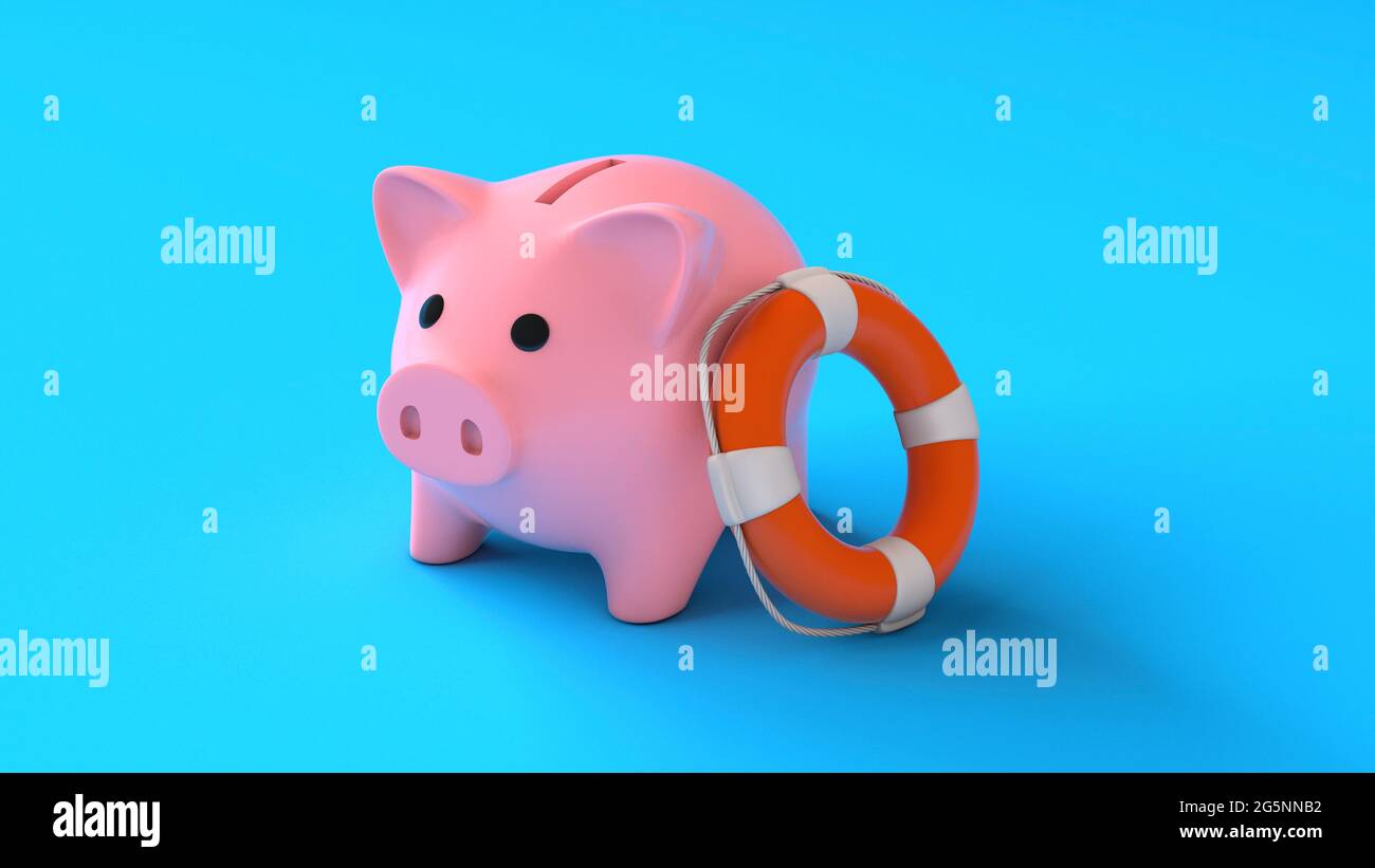 Savings insurance. Piggy bank with lifebuoy on a blue background. Help ...