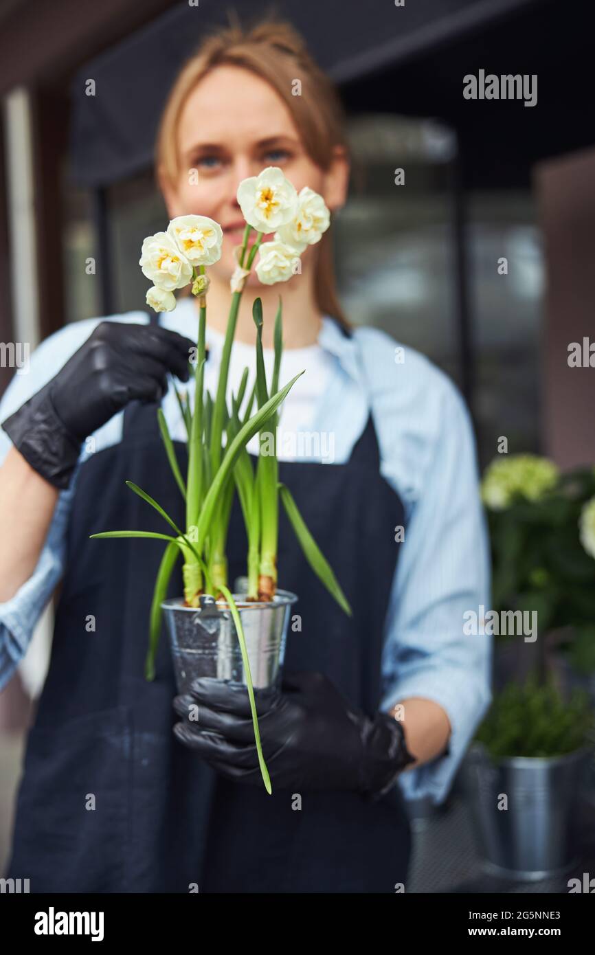 Female florist in nitrile gloves showing flowering plants Stock Photo ...