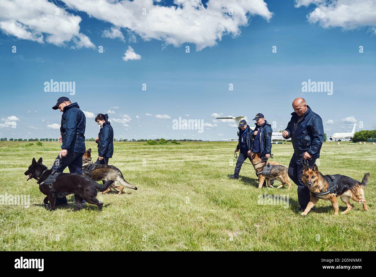 Security workers with detection dogs walking down aerodrome Stock Photo ...
