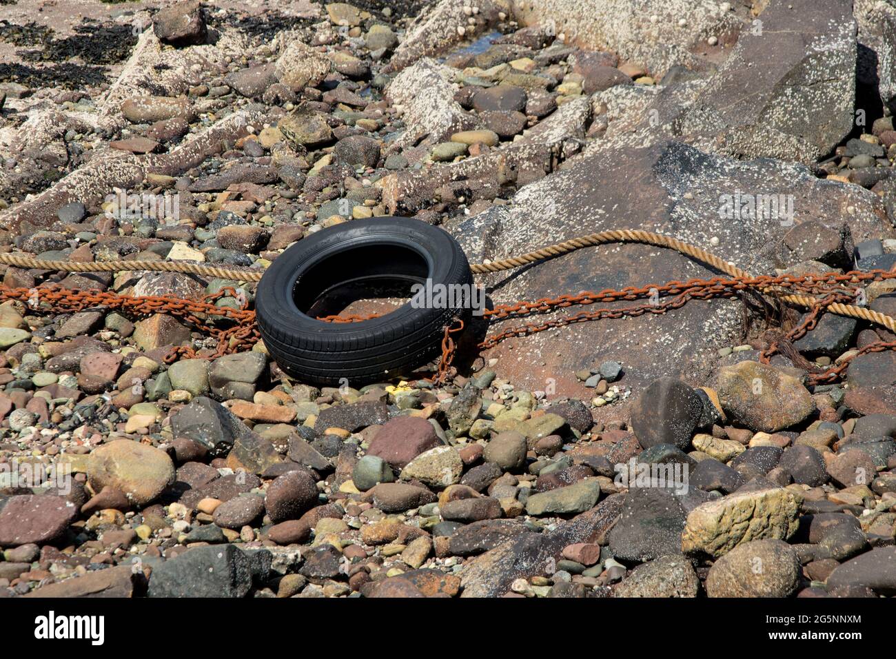 Car tyre chains and ropes at a small harbour location Stock Photo - Alamy