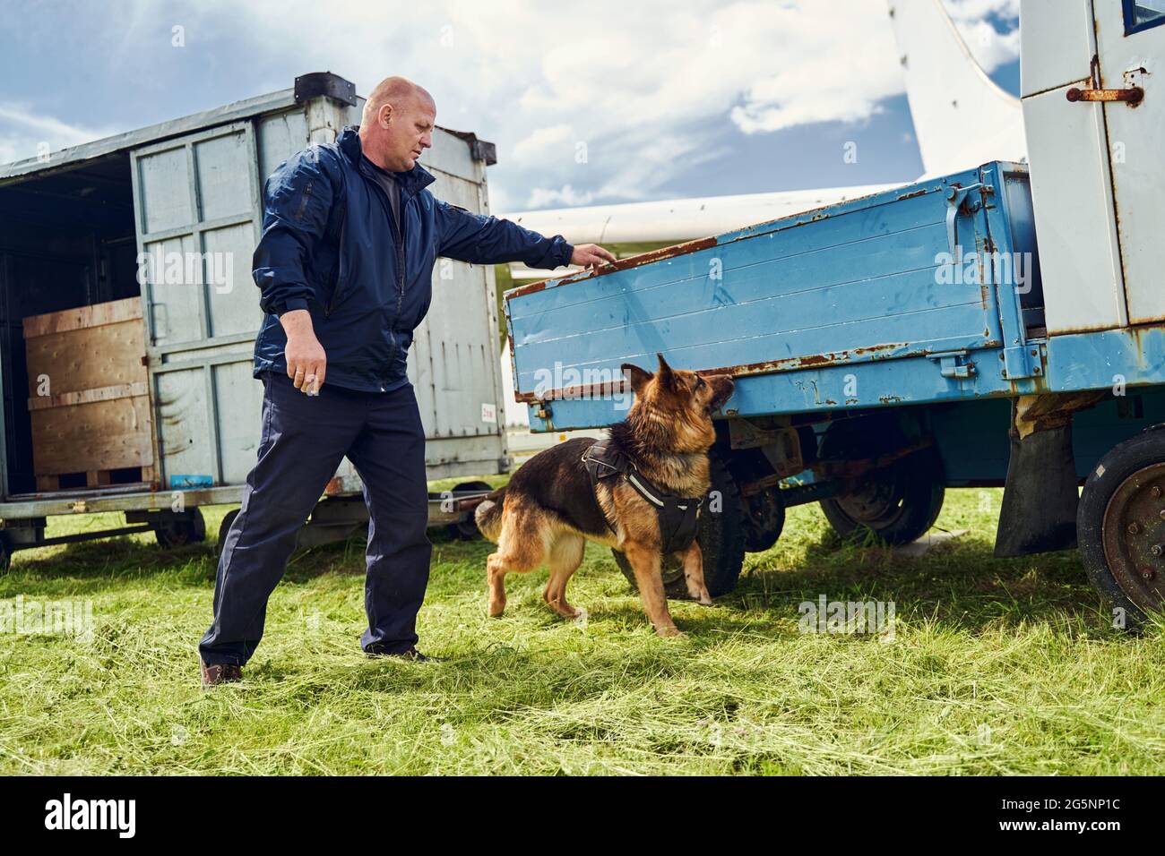 Security officer and drug detection dog checking truck at aerodrome ...