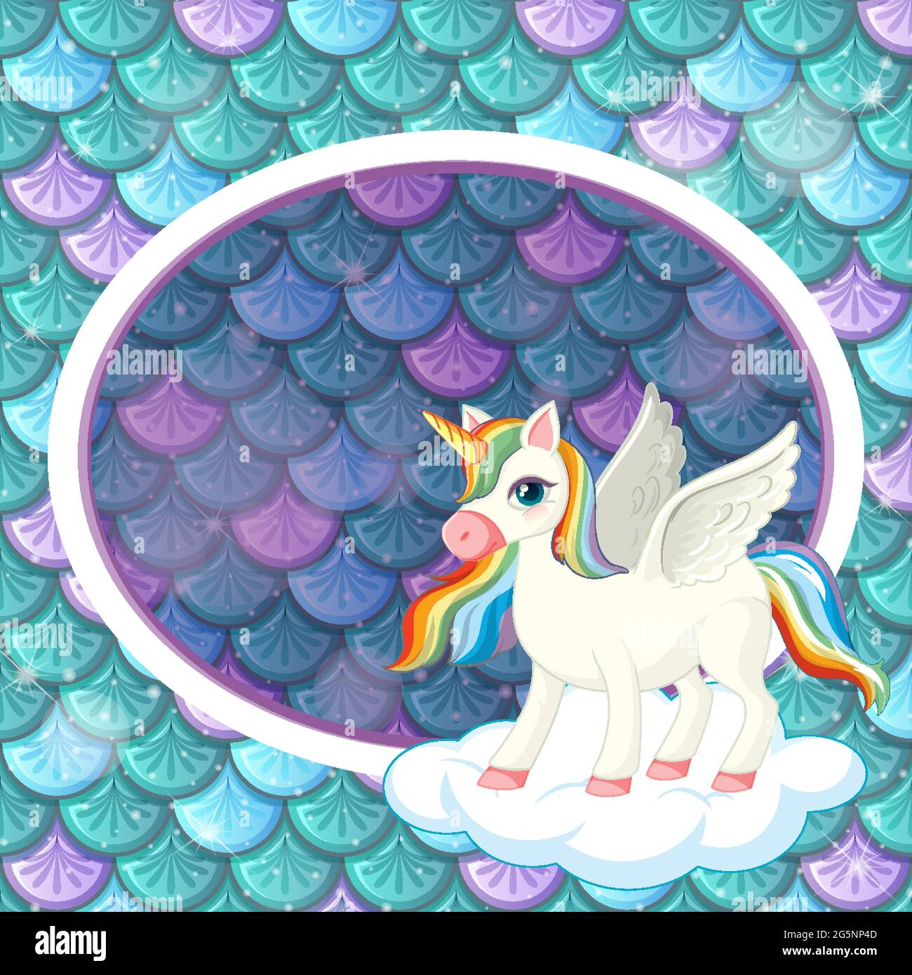 Oval frame template on green fish scales background with cute unicorn ...