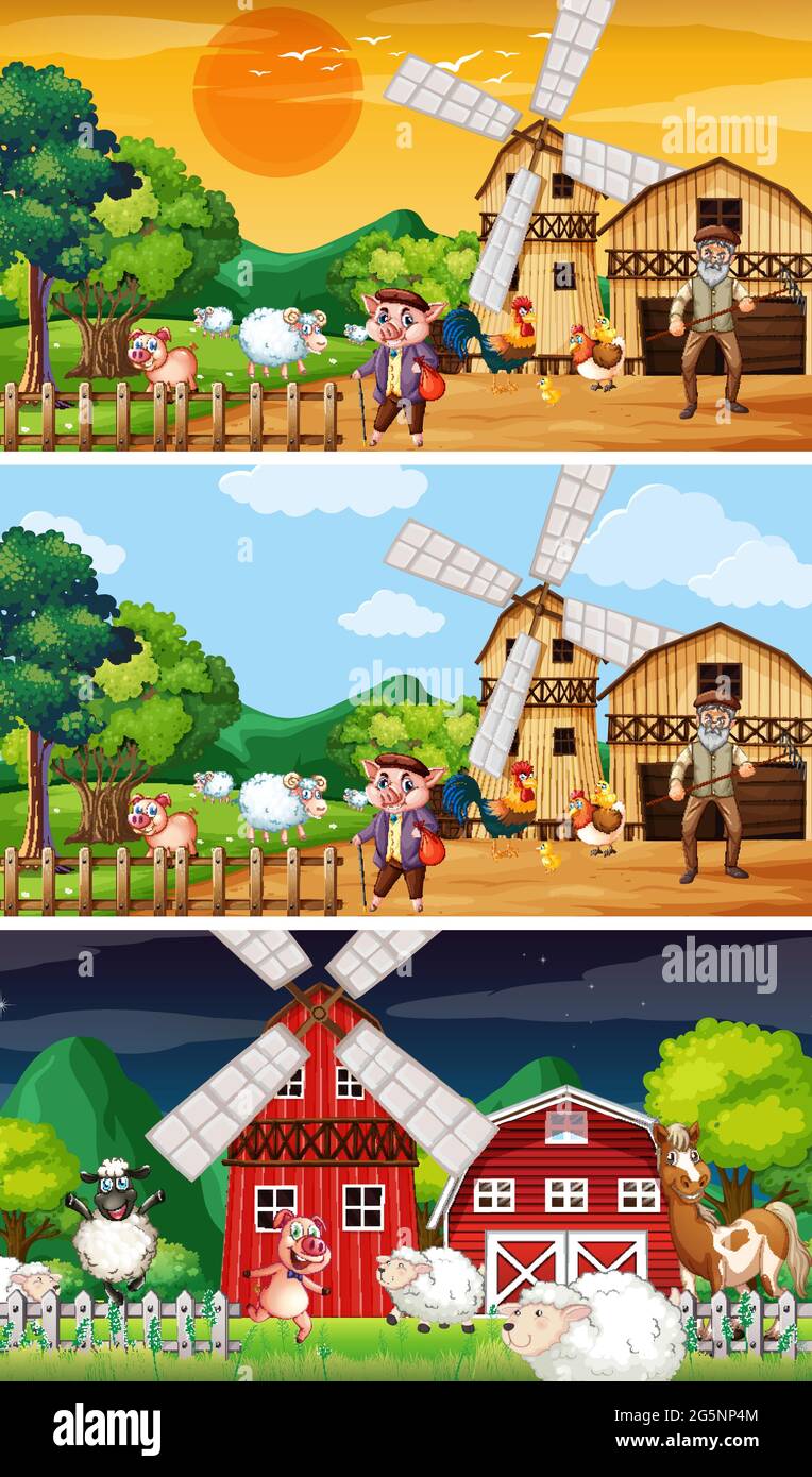 Different farm scenes with old farmer and animal cartoon character ...
