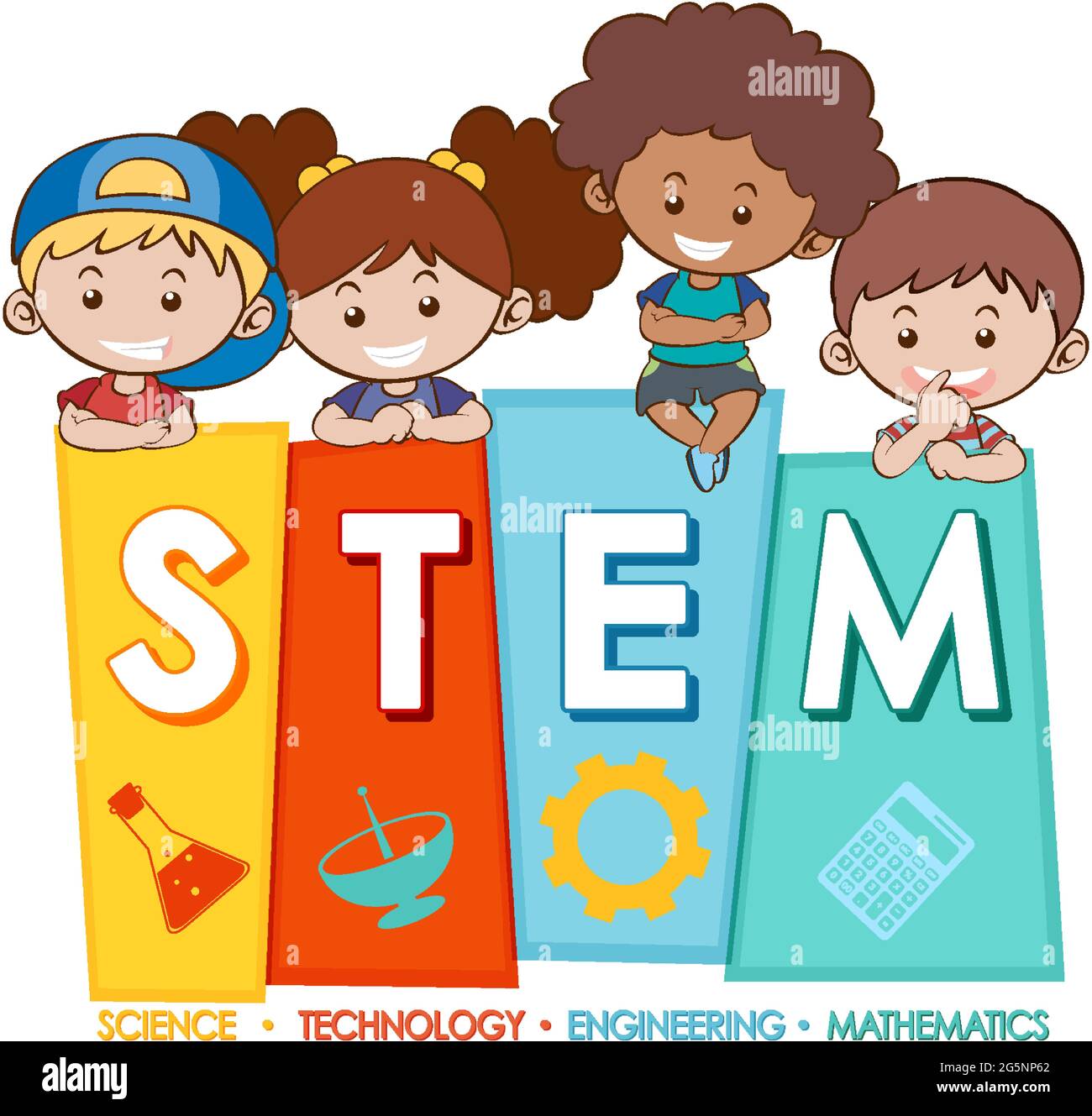 STEM education logo banner with kids cartoon character illustration ...