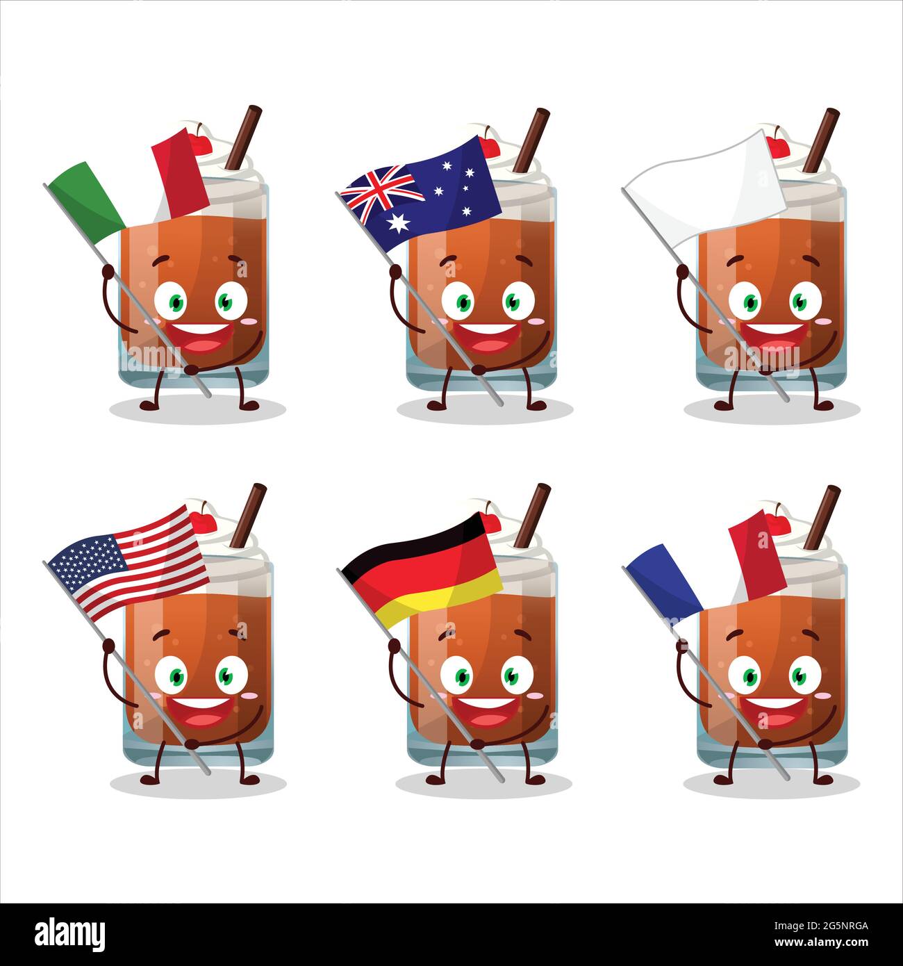 Root beer with ice cream cartoon character bring the flags of various ...