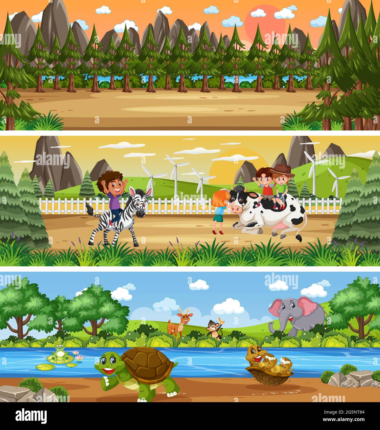 Panoramic nature landscape scene set with cartoon character ...