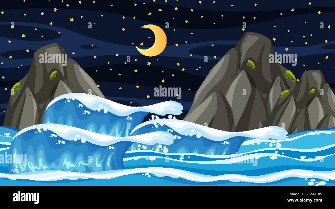 Beach landscape at night scene with ocean wave illustration Stock ...