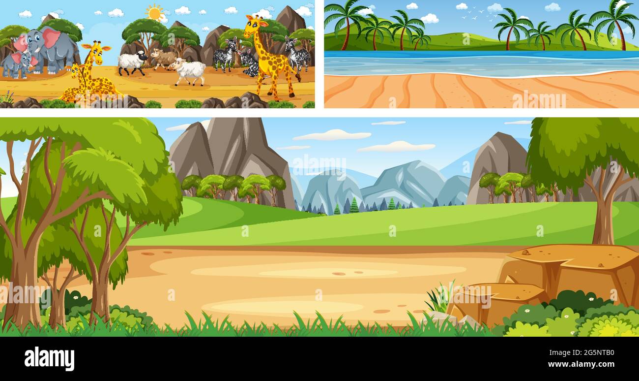 Set of outdoor panoramic landscape with cartoon character illustration ...