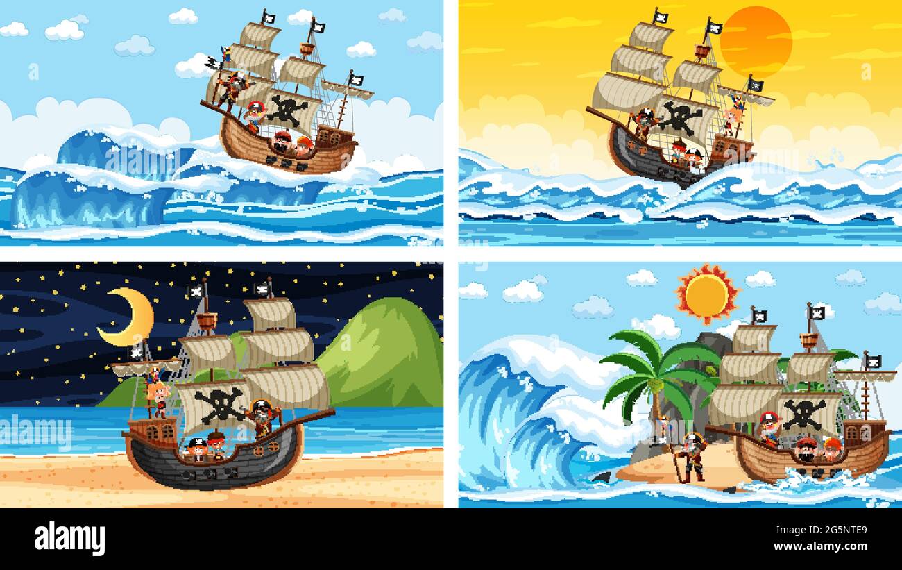 Set of different beach scenes with pirate ship illustration Stock ...