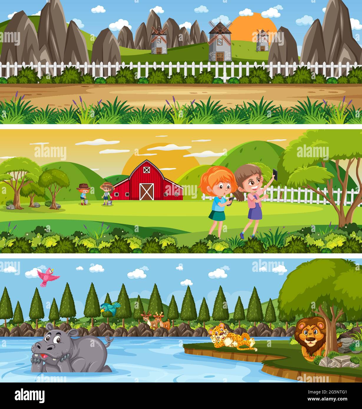 Different nature landscape at daytime scene with cartoon character ...