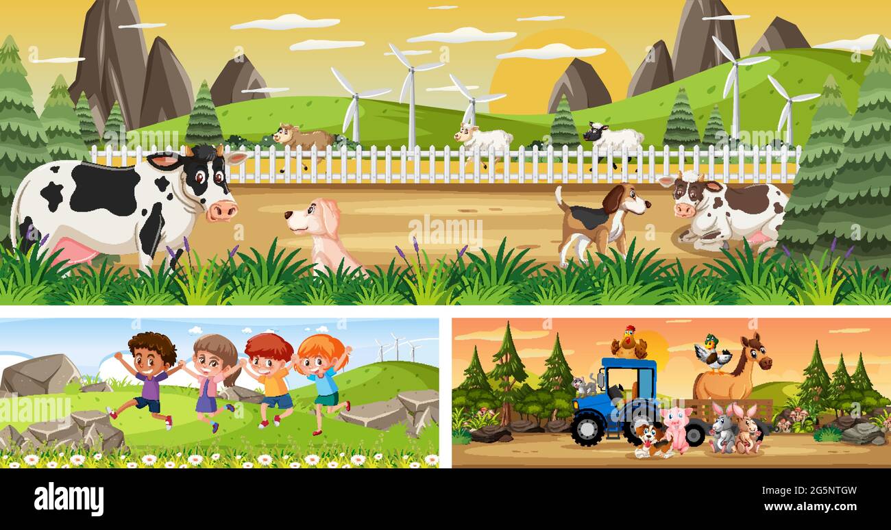Set of different outdoor landscape scenes with cartoon character ...