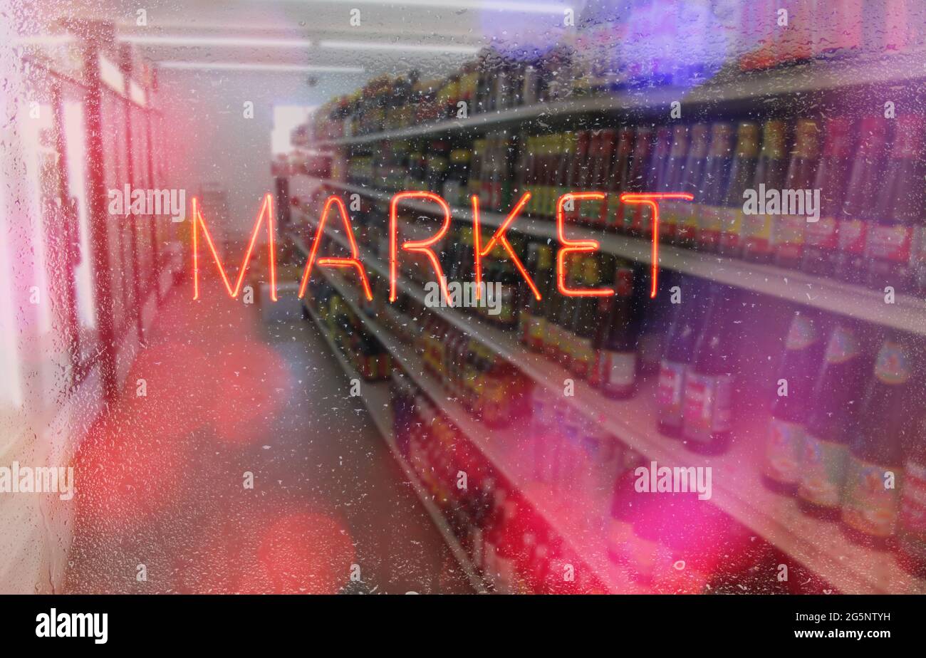 Neon Market Sign Groacery Store Stock Photo - Alamy