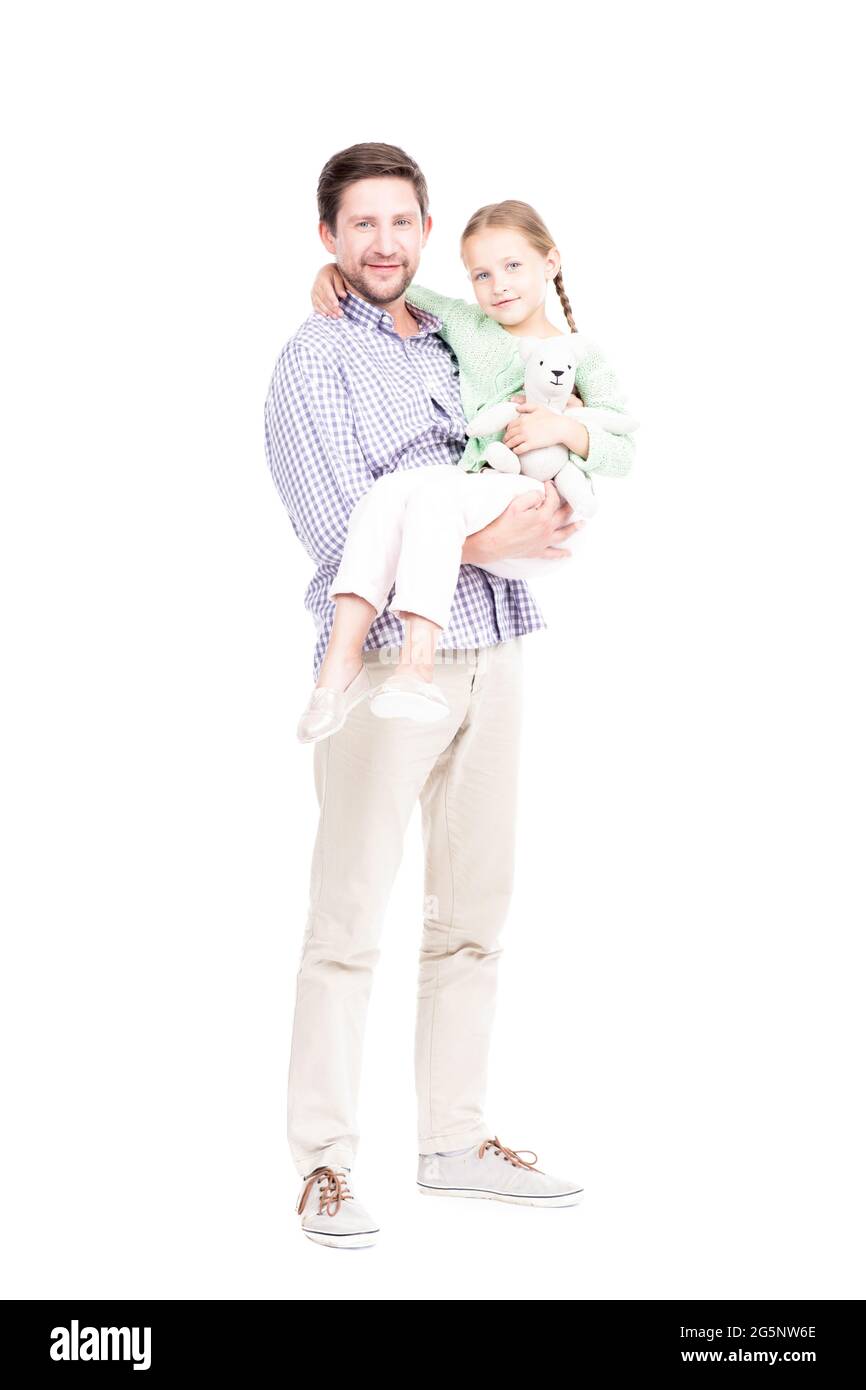 Vertical full length isolated shot of modern happy father wearing ...
