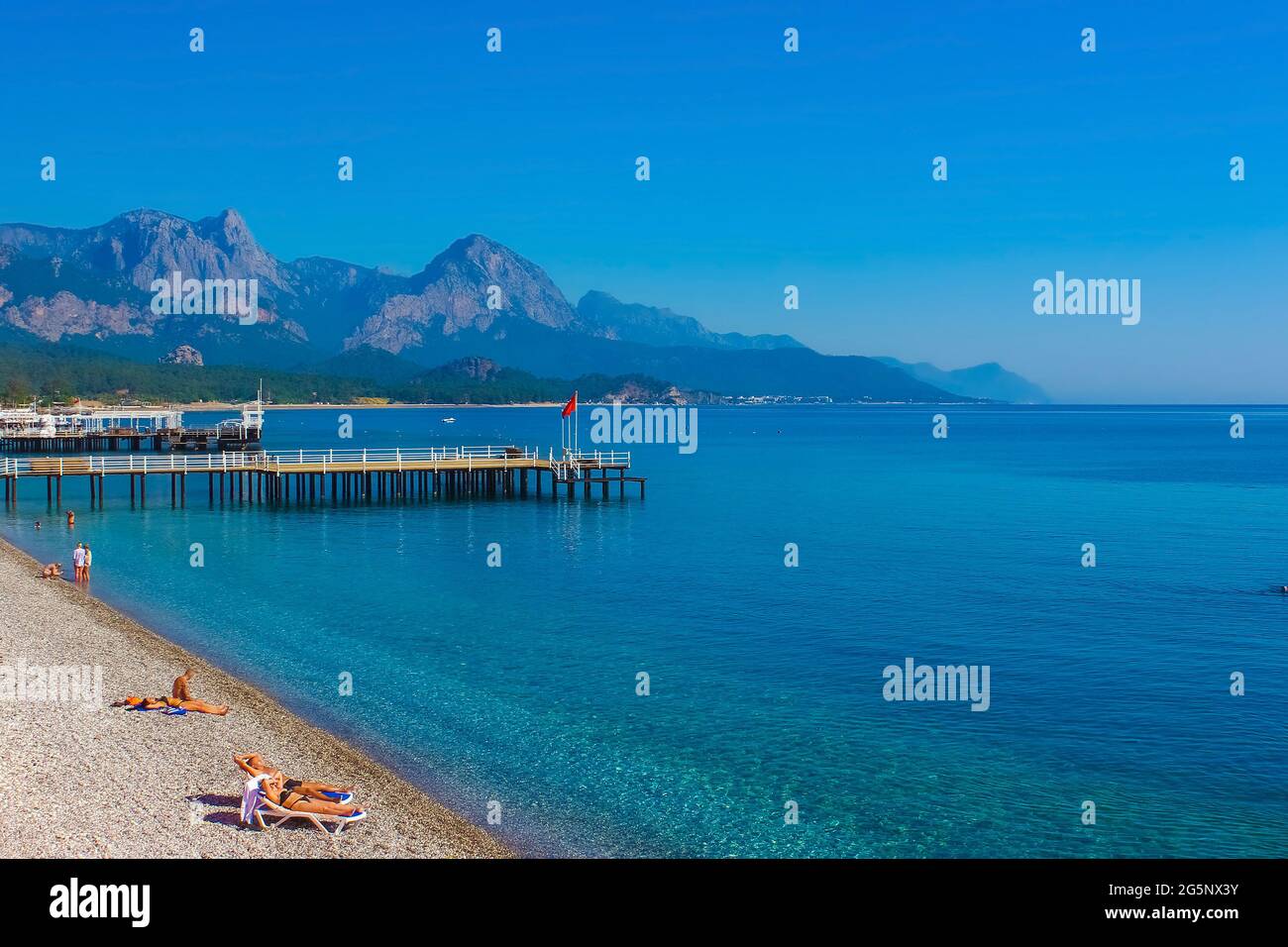 Kemer, Antalya, Turkey - May 11, 2021: Panorama of beach at first line ...