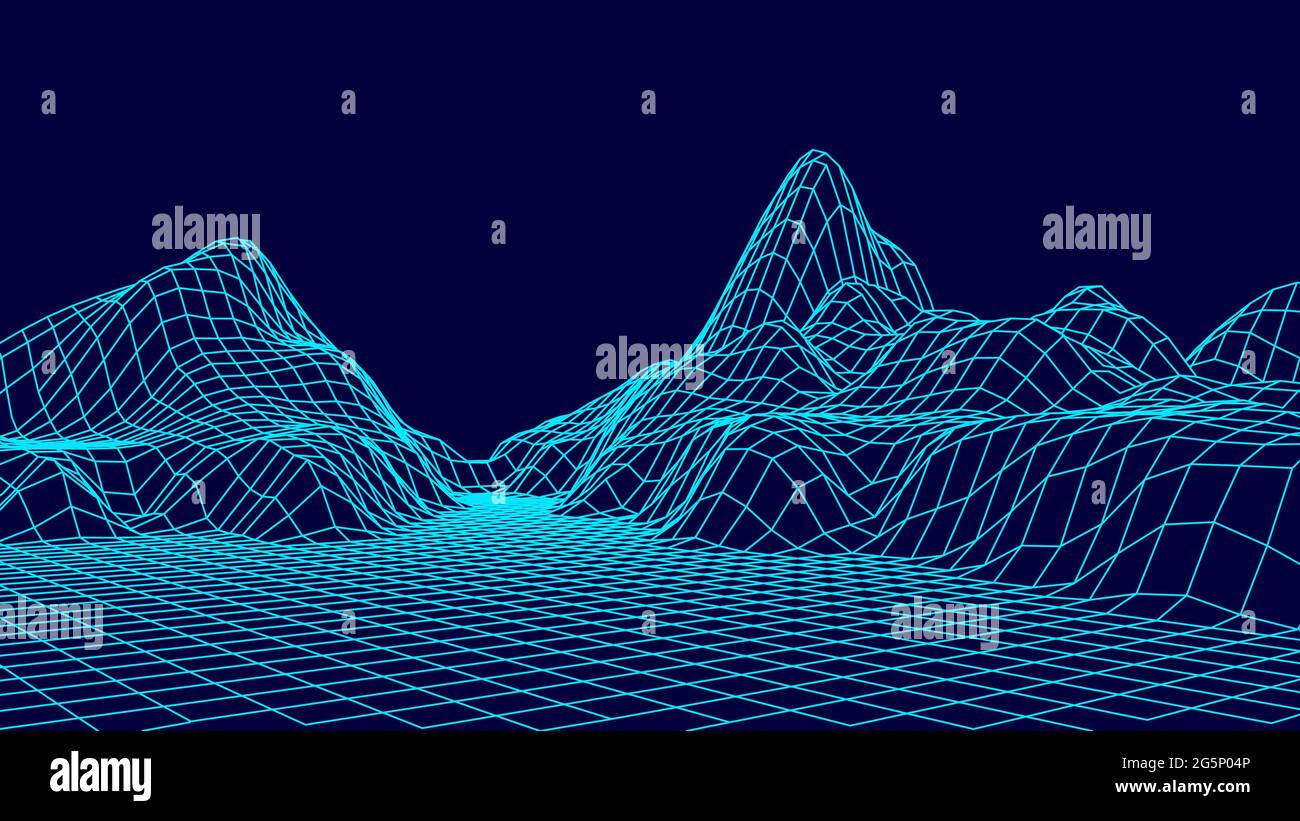 Wireframe landscape design on blue background. Technology grid Stock ...