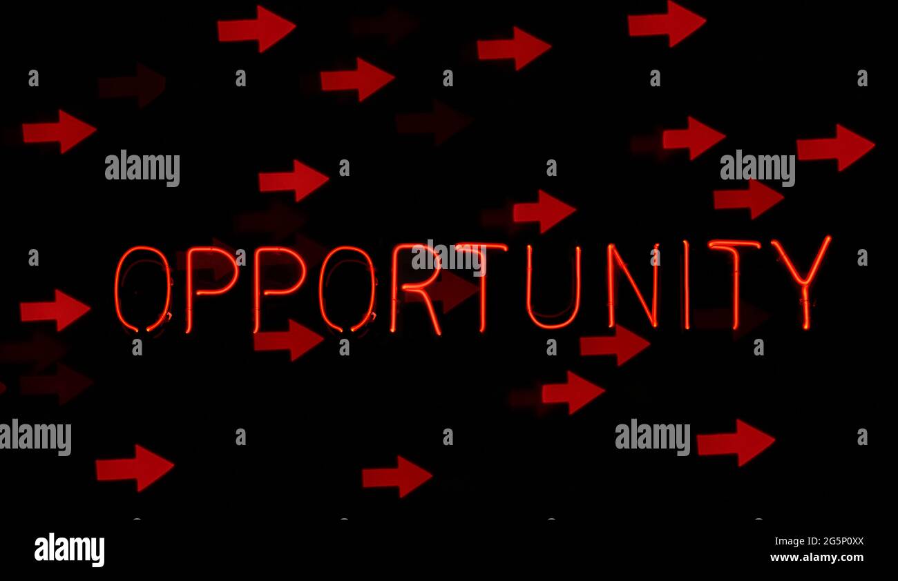 Opportunity Red Neon SIgn Opportunity Ahead with Bokeh Arrows Stock ...