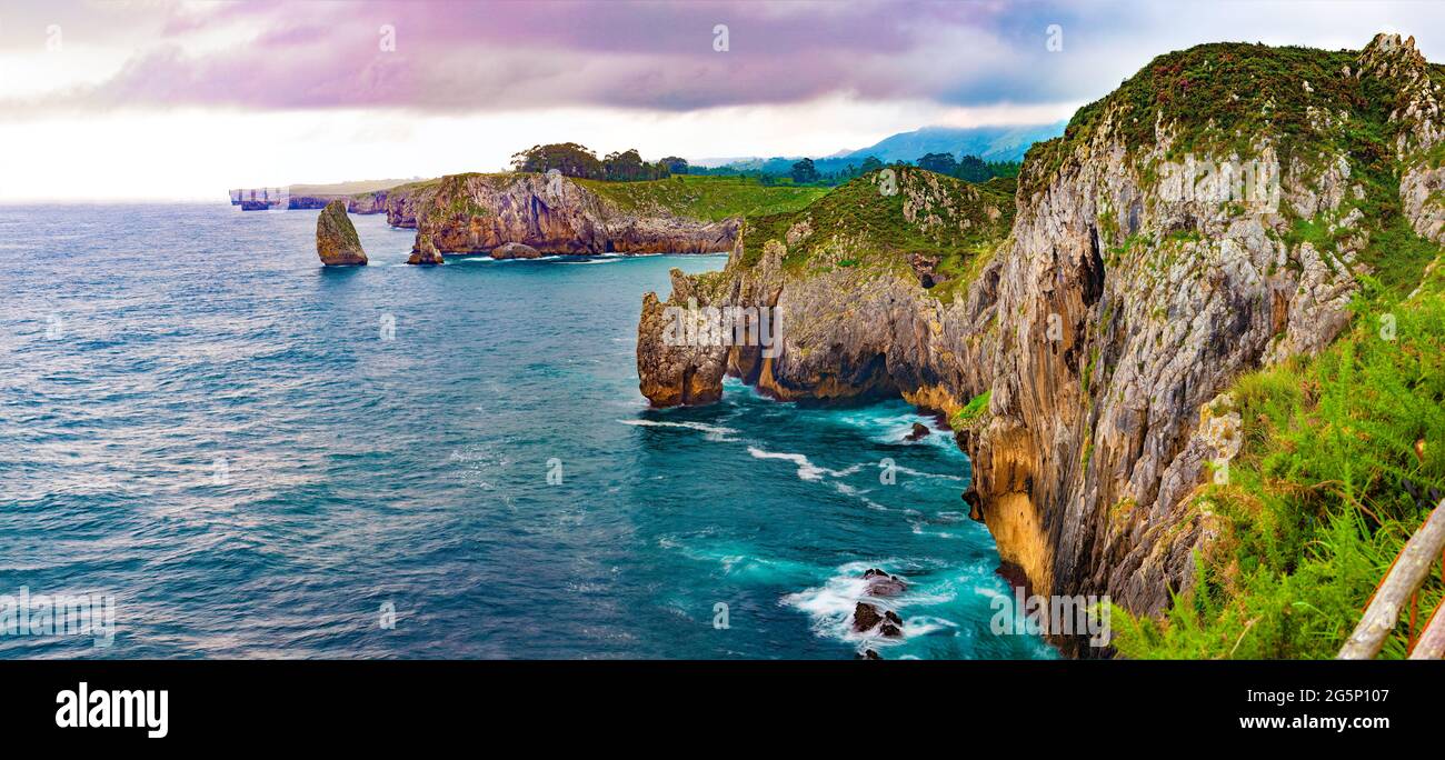 Scenic cliff landscape and sea in storm weather. Cliffs of hell in ...