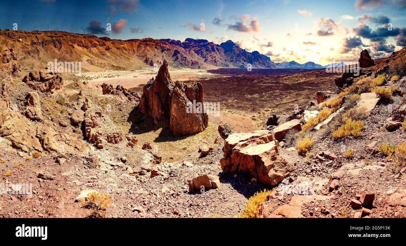Colorful scenic landscape of sunset in Tenerife national park of Teide ...