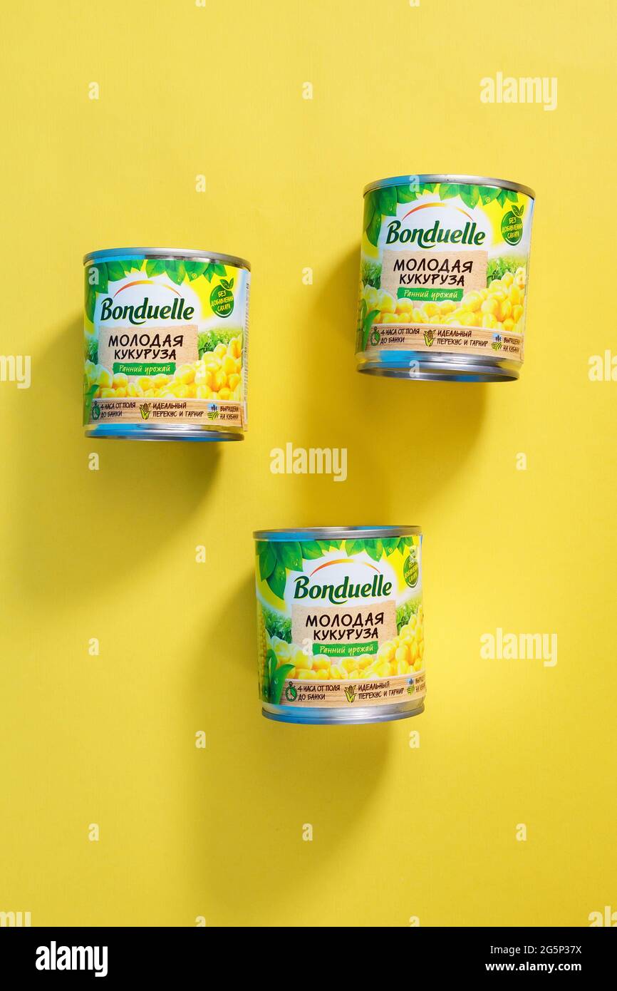 Tyumen, Russia-april 17, 2021: Bonduelle cans of corn is a French ...