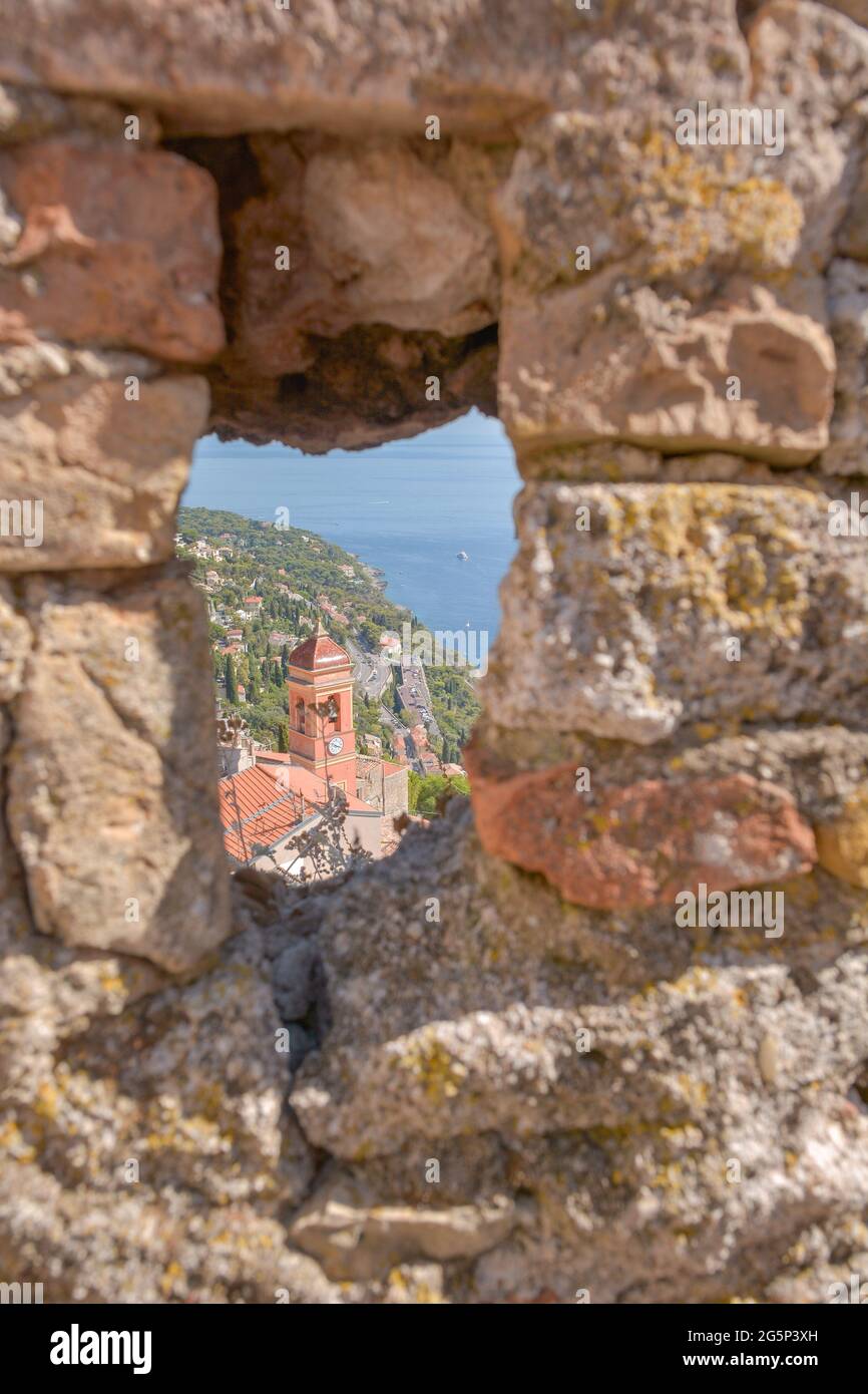 View of the castle of the village of Roquebrune-Cap-Martin on the edge ...