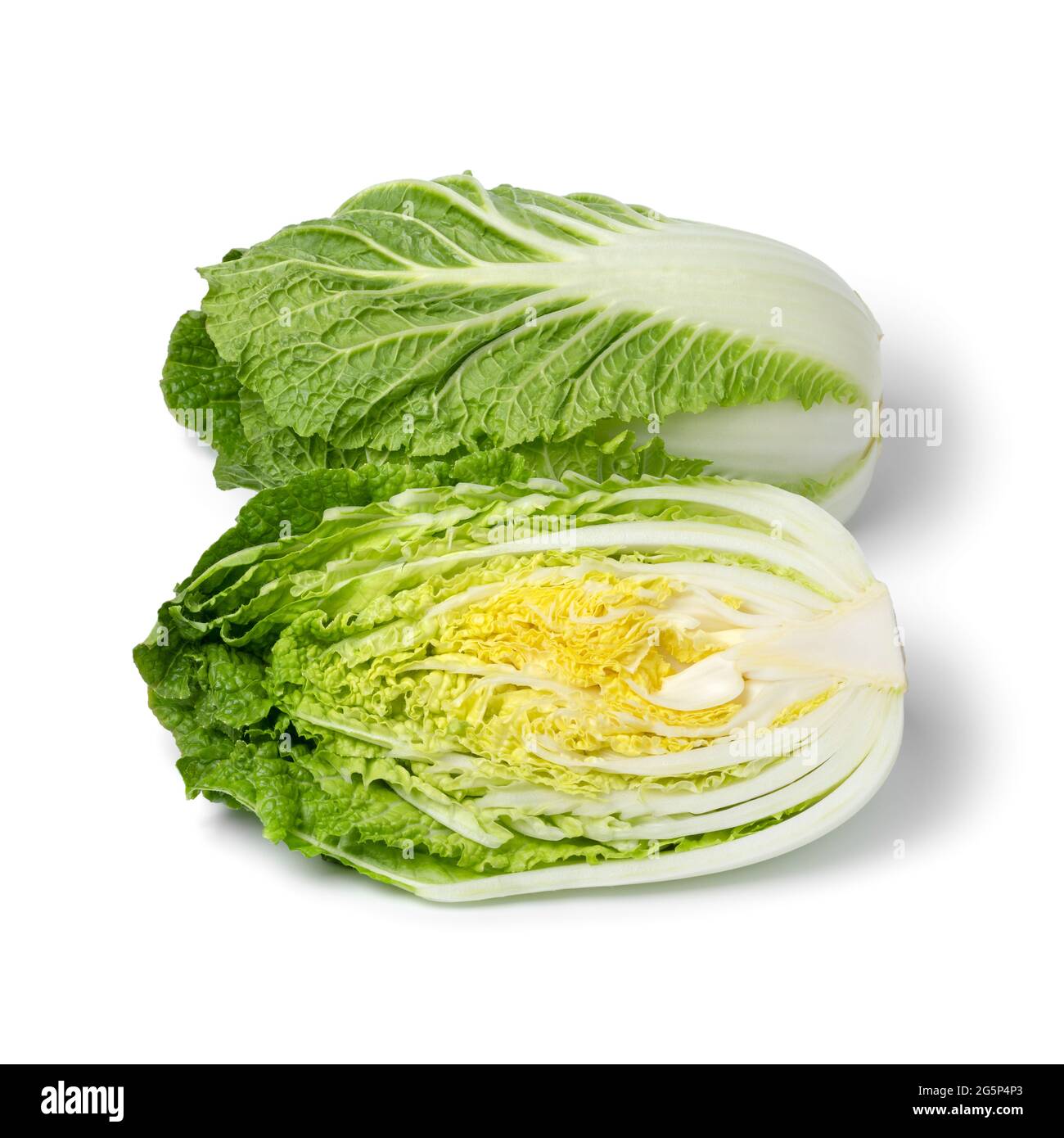 Whole and half fresh raw Chinese cabbage isolated on white background ...