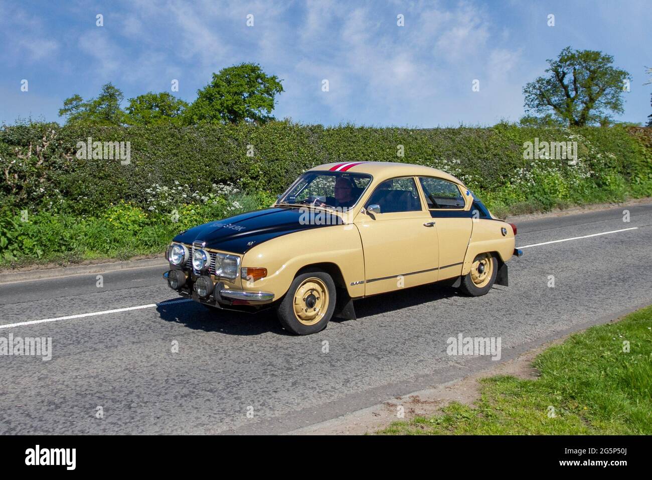 1972 70s gold Saab 96 V4 1498cc petrol 2dr en-route to Capesthorne Hall ...