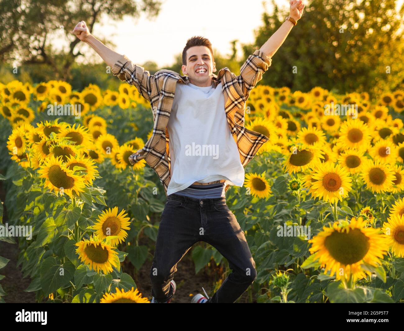 Young Caucasian guy jumping in a sunflower field Stock Photo - Alamy