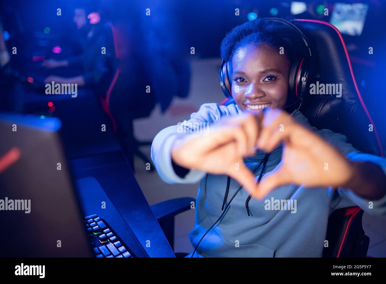 Streamer African gamer American beautiful woman make selfie photo play ...