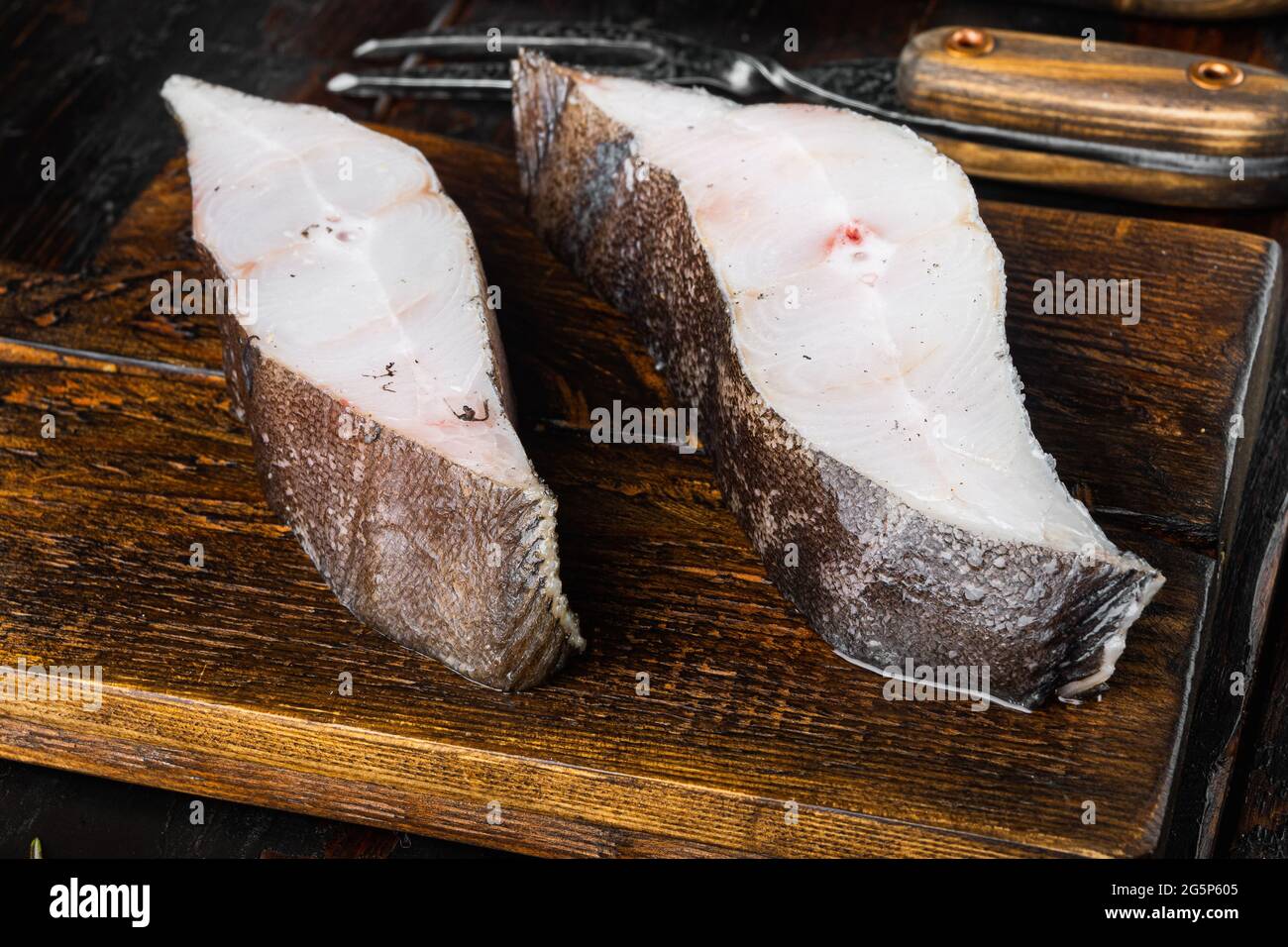 Fresh steak raw fish halibut set, with ingredients and rosemary herbs ...