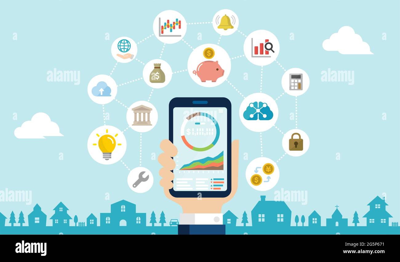 Mobile investment ( robot advisor, fin tech apps ) vector banner ...