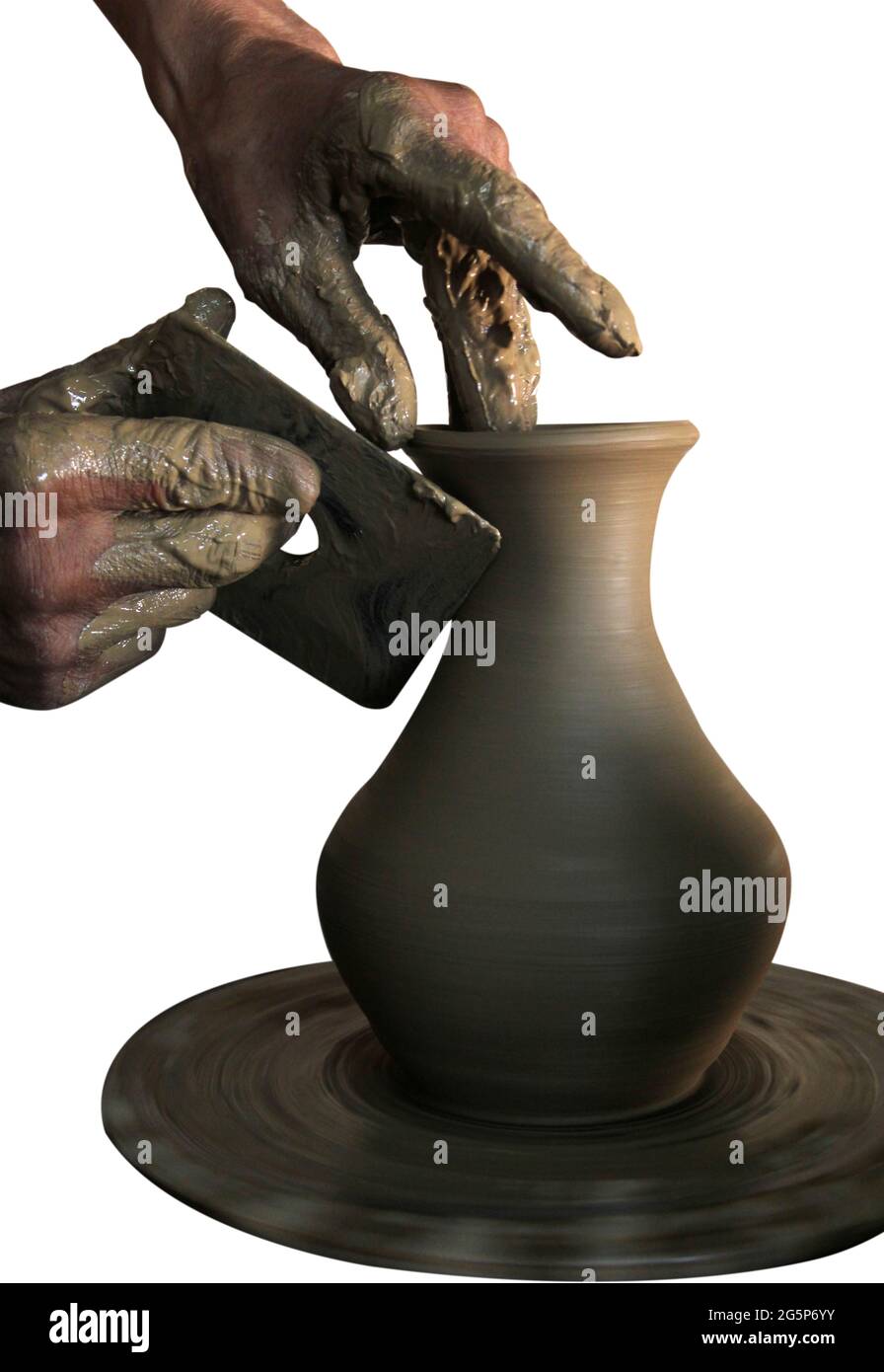 Pottery workshop. Hands and pottery isolated on white background Stock ...