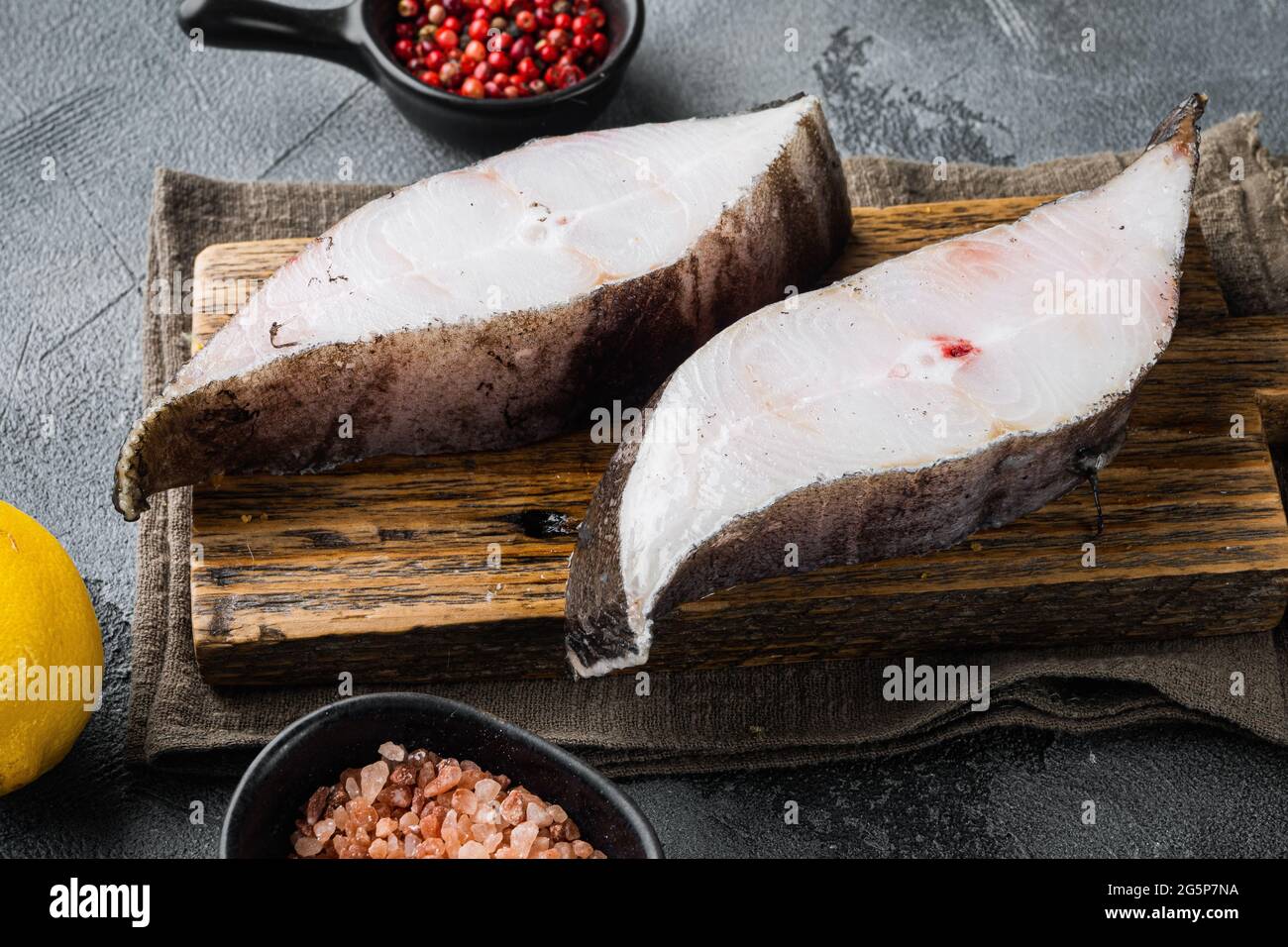Raw halibut saltwater fish steak set, with ingredients and rosemary ...