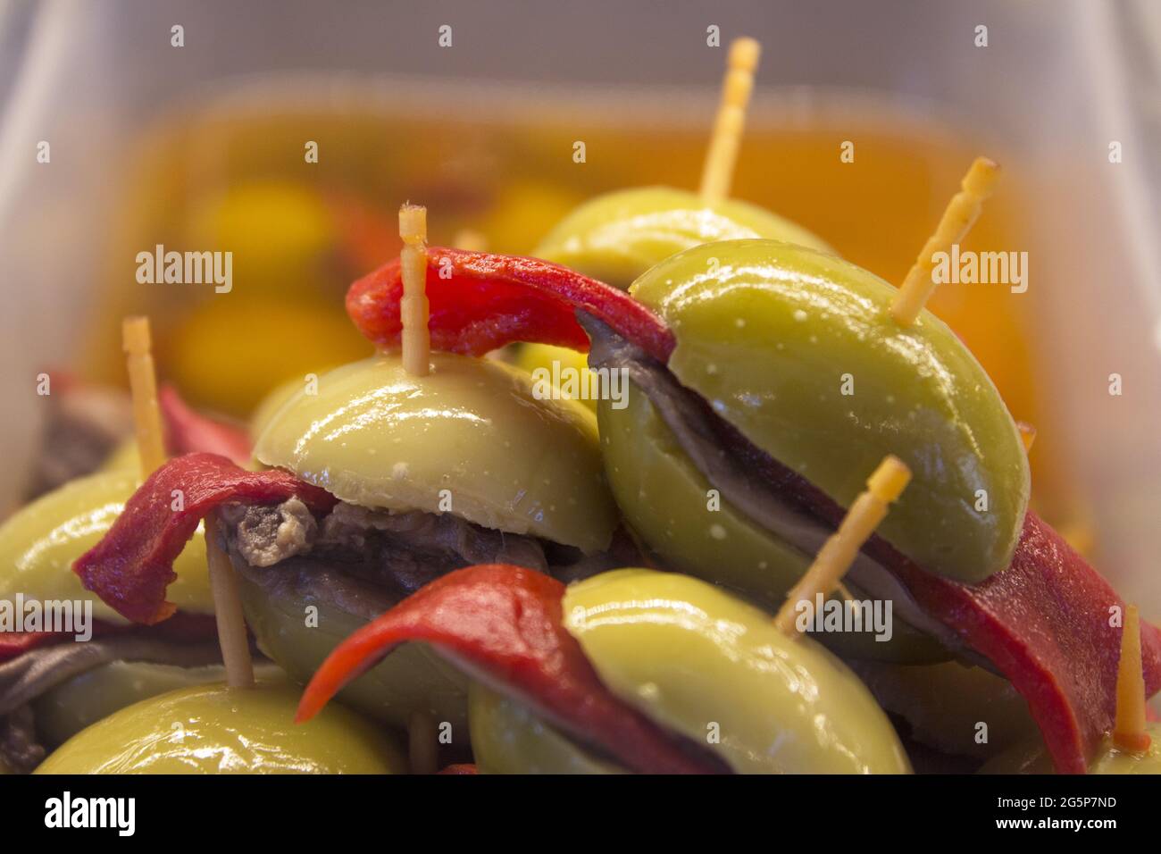 Olives with hot red pepper. No people. No copy space Stock Photo - Alamy