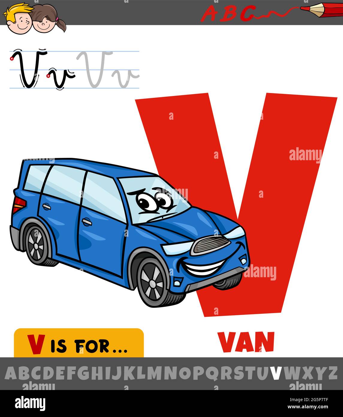 Educational cartoon illustration of letter V from alphabet with van car ...