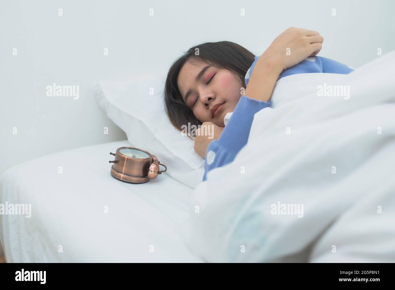 beautiful woman sleep on bed and get up late Stock Photo - Alamy