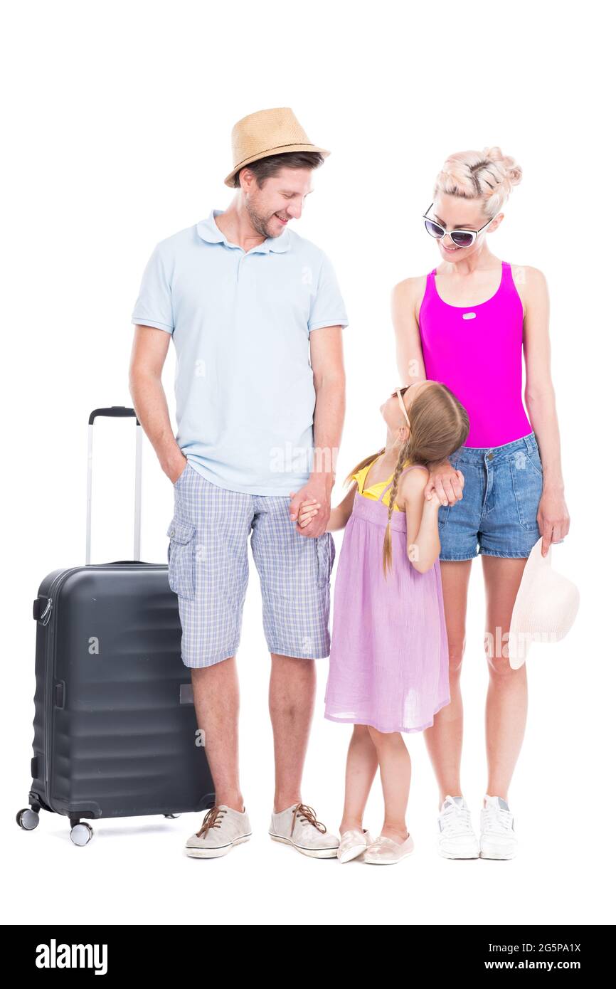 Vertical full length studio portrait of family with one child wearing ...